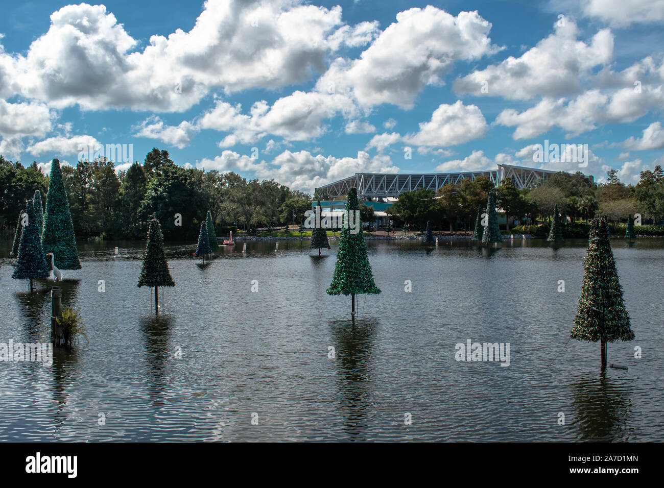 Orlando, Florida. October 29, 2019. Christmas tree on blue lake and ...