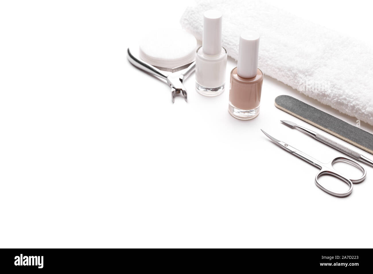 Manicure and pedicure items for nail care on white background. Beauty ...