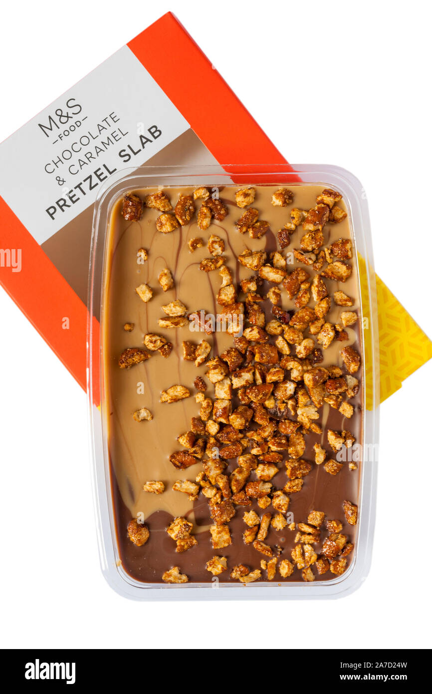 Box of M&S chocolate & caramel Pretzel Slab opened to show contents set ...