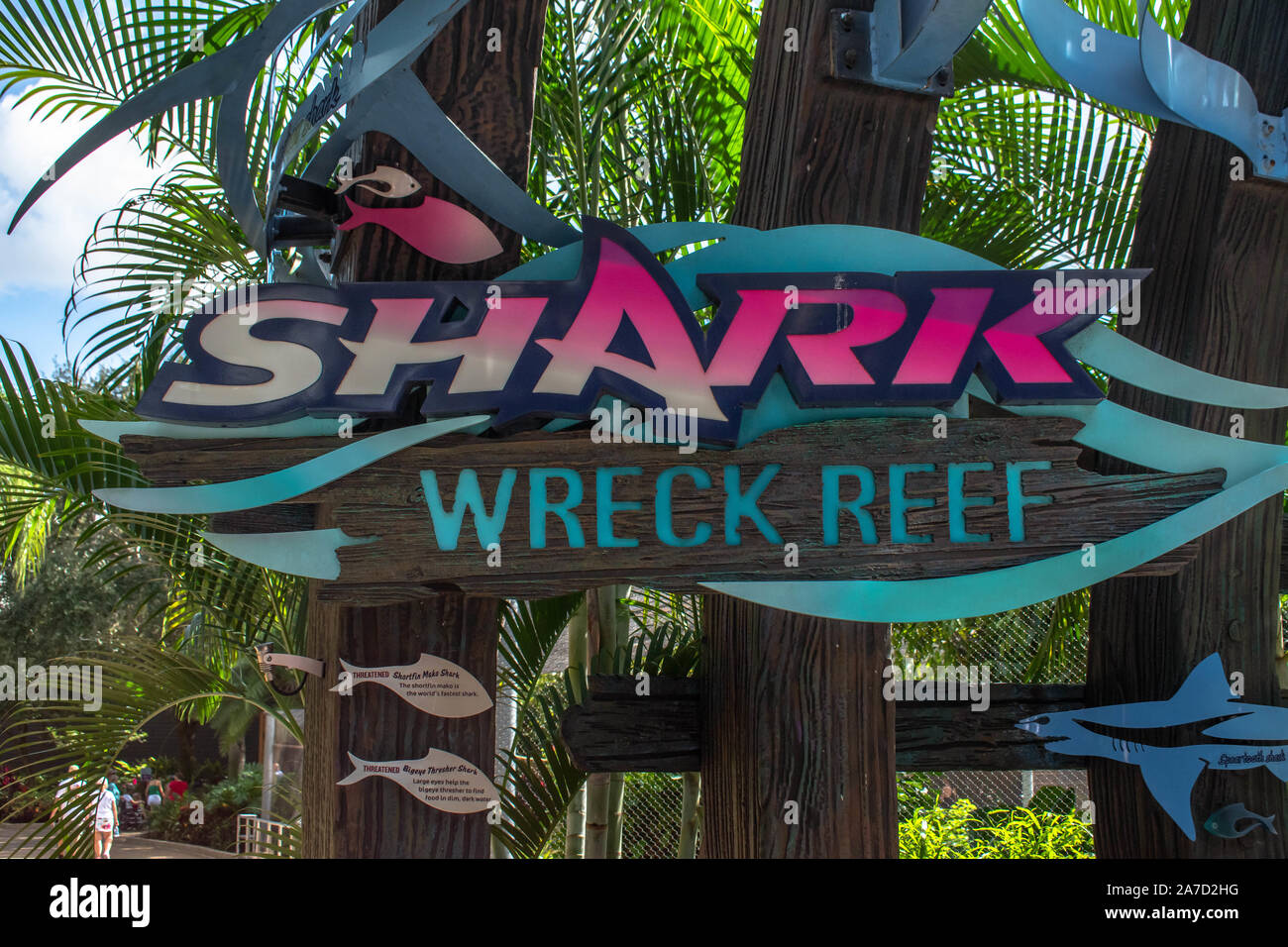 Orlando, Florida. October 29, 2019. Shark Wreck Reef sign at Seaworld ...