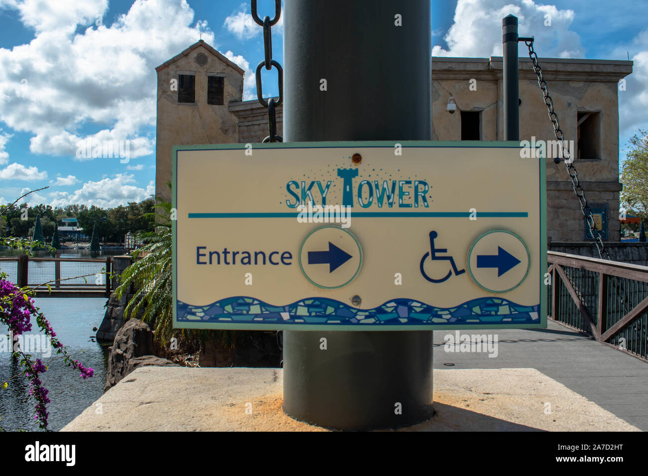 Orlando, Florida. October 29, 2019. Sky Tower attraction sign at ...