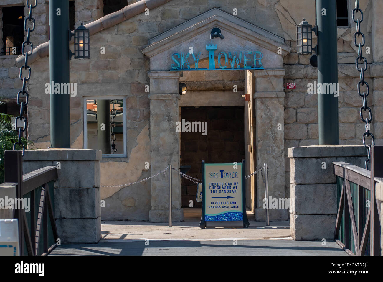 Orlando, Florida. October 29, 2019. Sky Tower main entrance at Seaworld ...