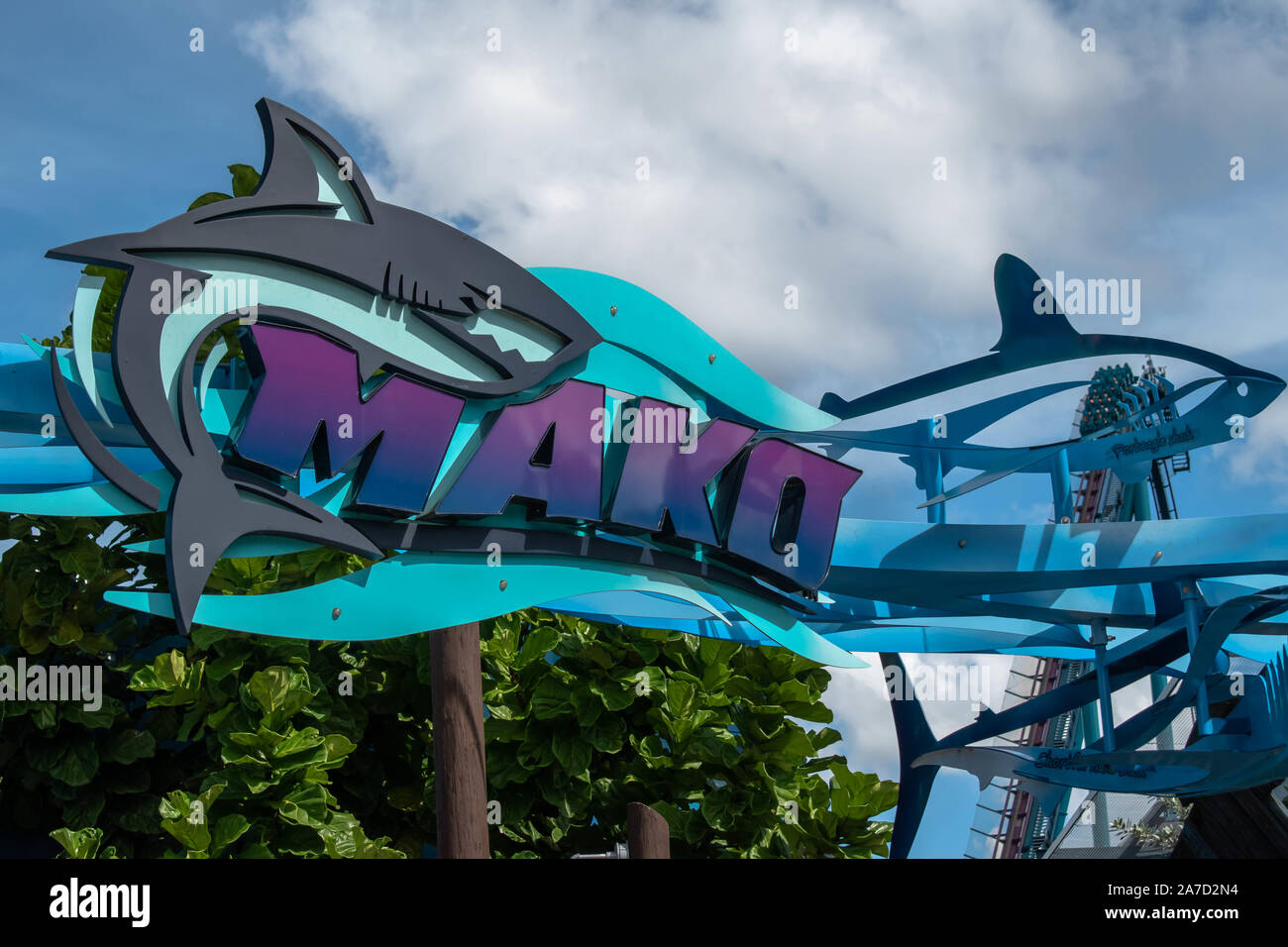 Orlando, Florida. October 29, 2019. Top view of Mako rollercoaster sign ...