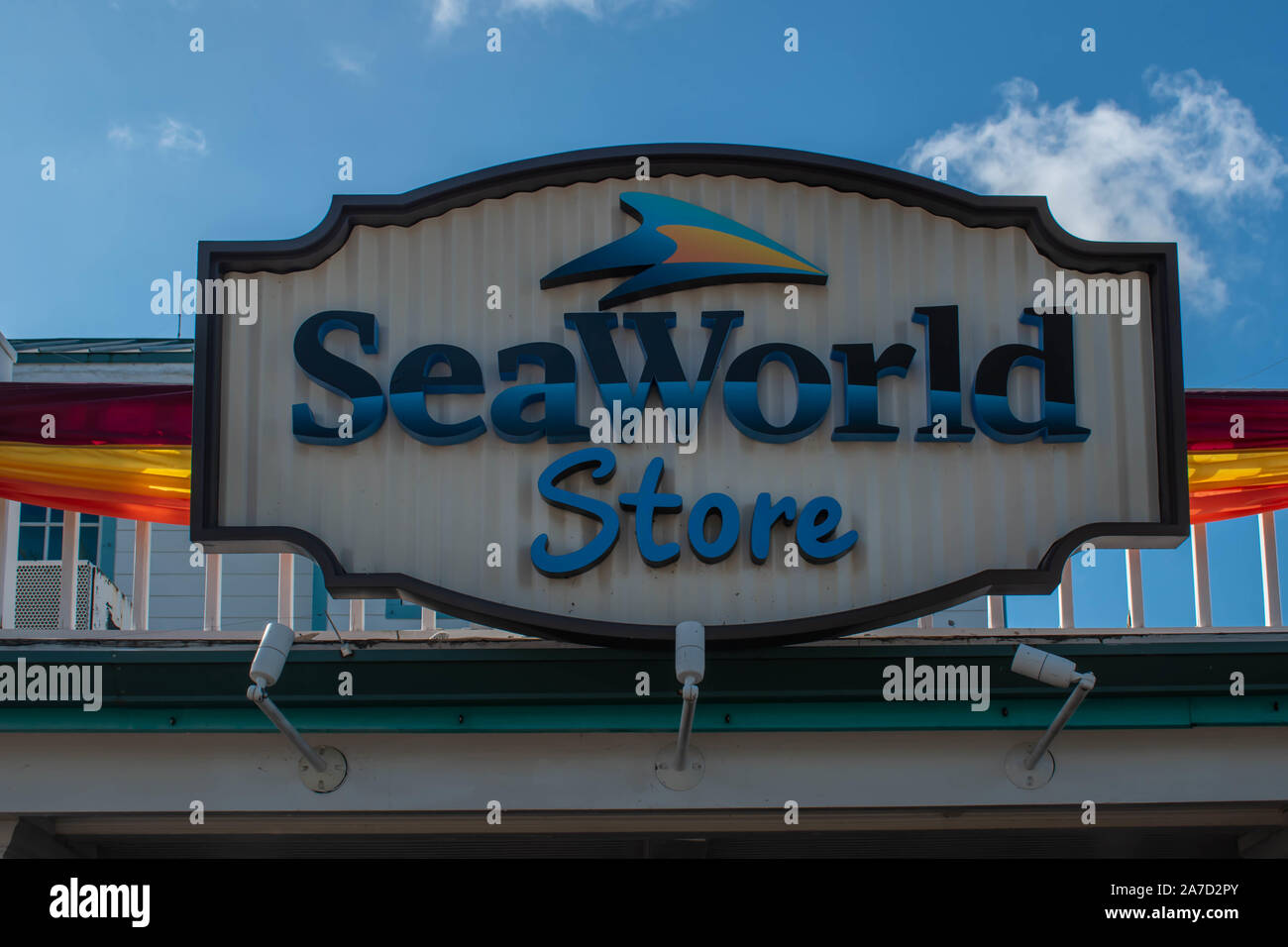 Orlando, Florida. October 29, 2019. Top view of Seaworld Store sign at ...
