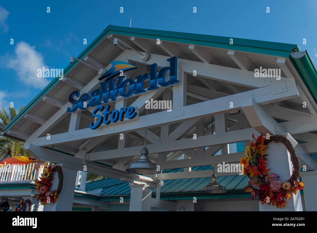 Orlando, Florida. October 29, 2019. Top view of Seaworld Store sign in ...