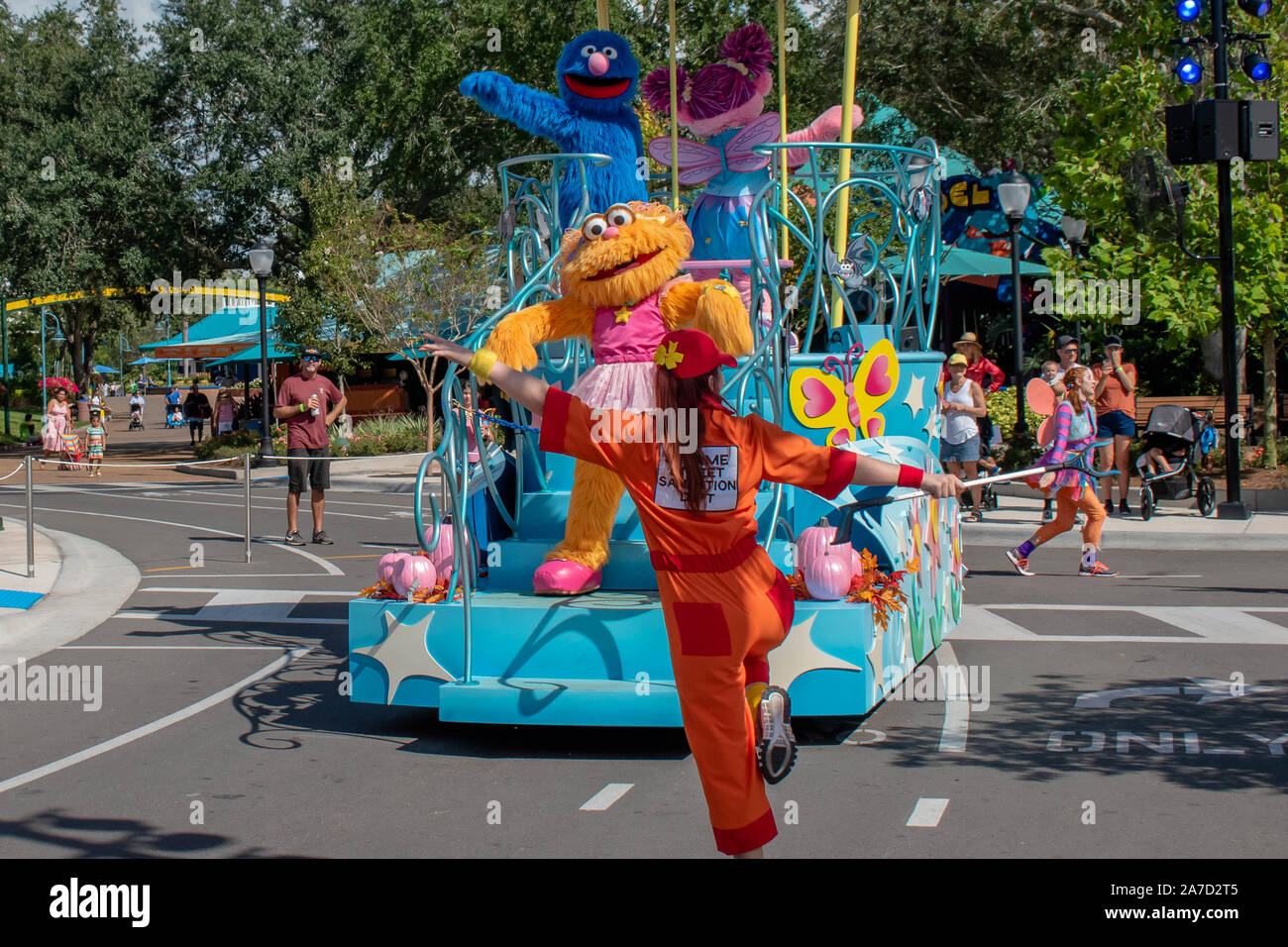 Orlando, Florida. October 29, 2019. Zoe and dancers in Sesame Street ...