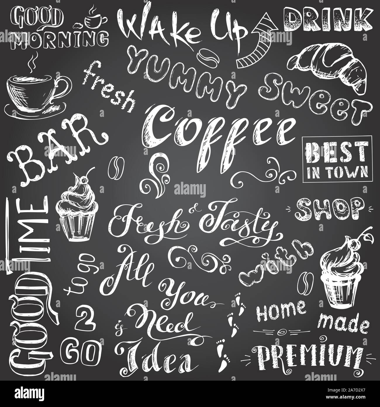Set coffee sign and letters,hand drawn on blackboard,vector ...