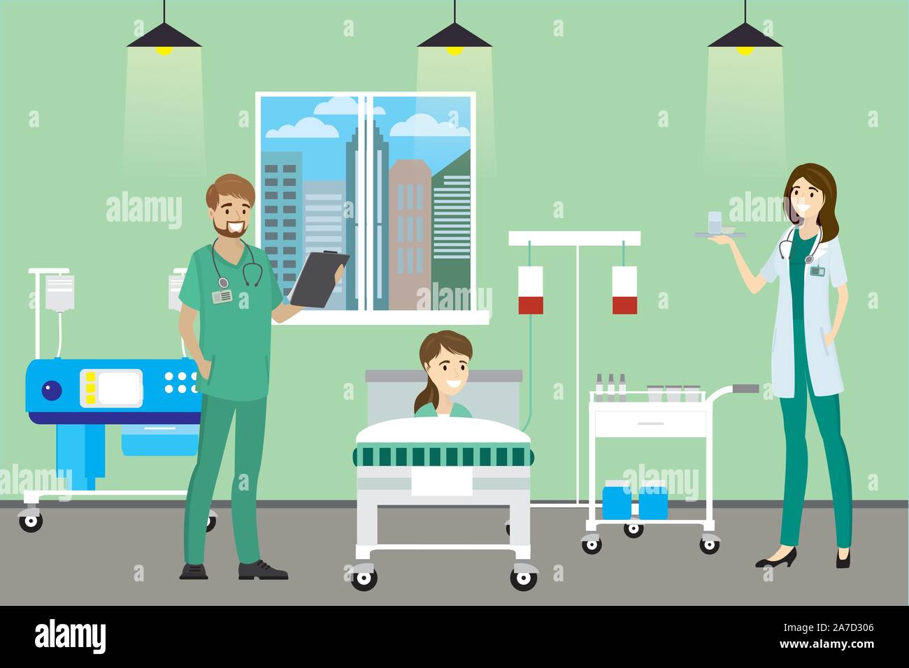 Doctor, nurse and patient in the Hospital room,cartoon vector ...