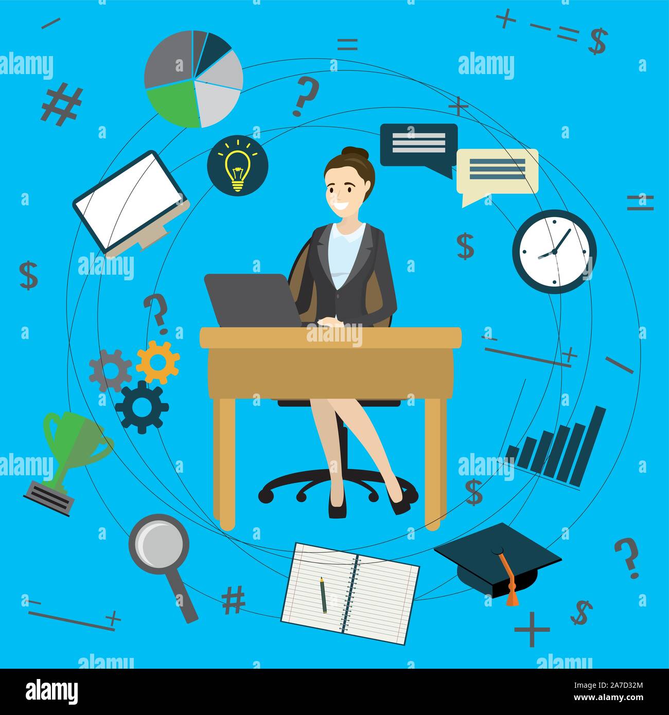 Business idea concept,cartoon business woman and business objects ...