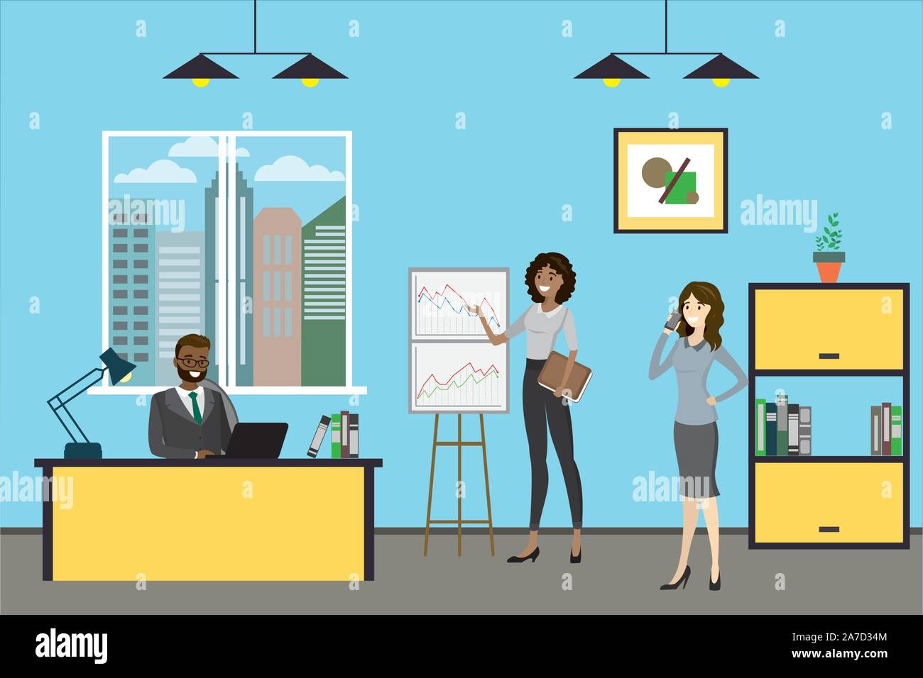 Cartoon business people working in modern office, interior design with ...