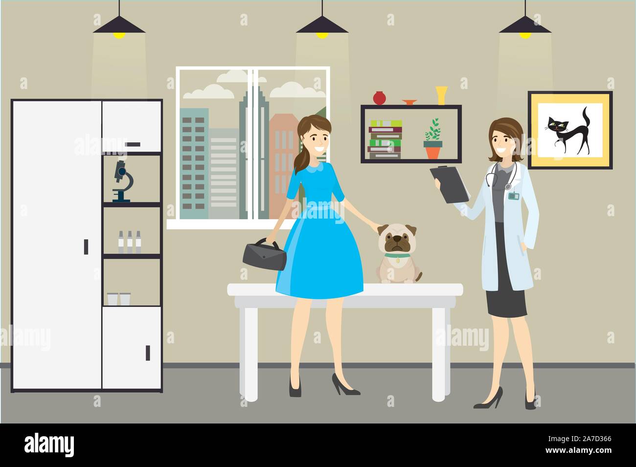 Veterinary Clinic ,female doctor and woman with sad dog, cartoon vector ...