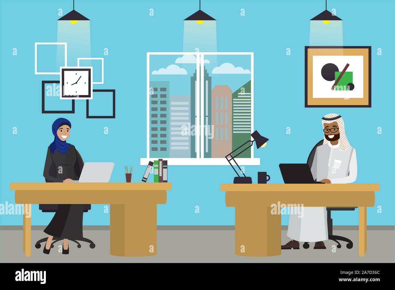 Two cartoon muslim office workers. Arabic young woman and man is an ...