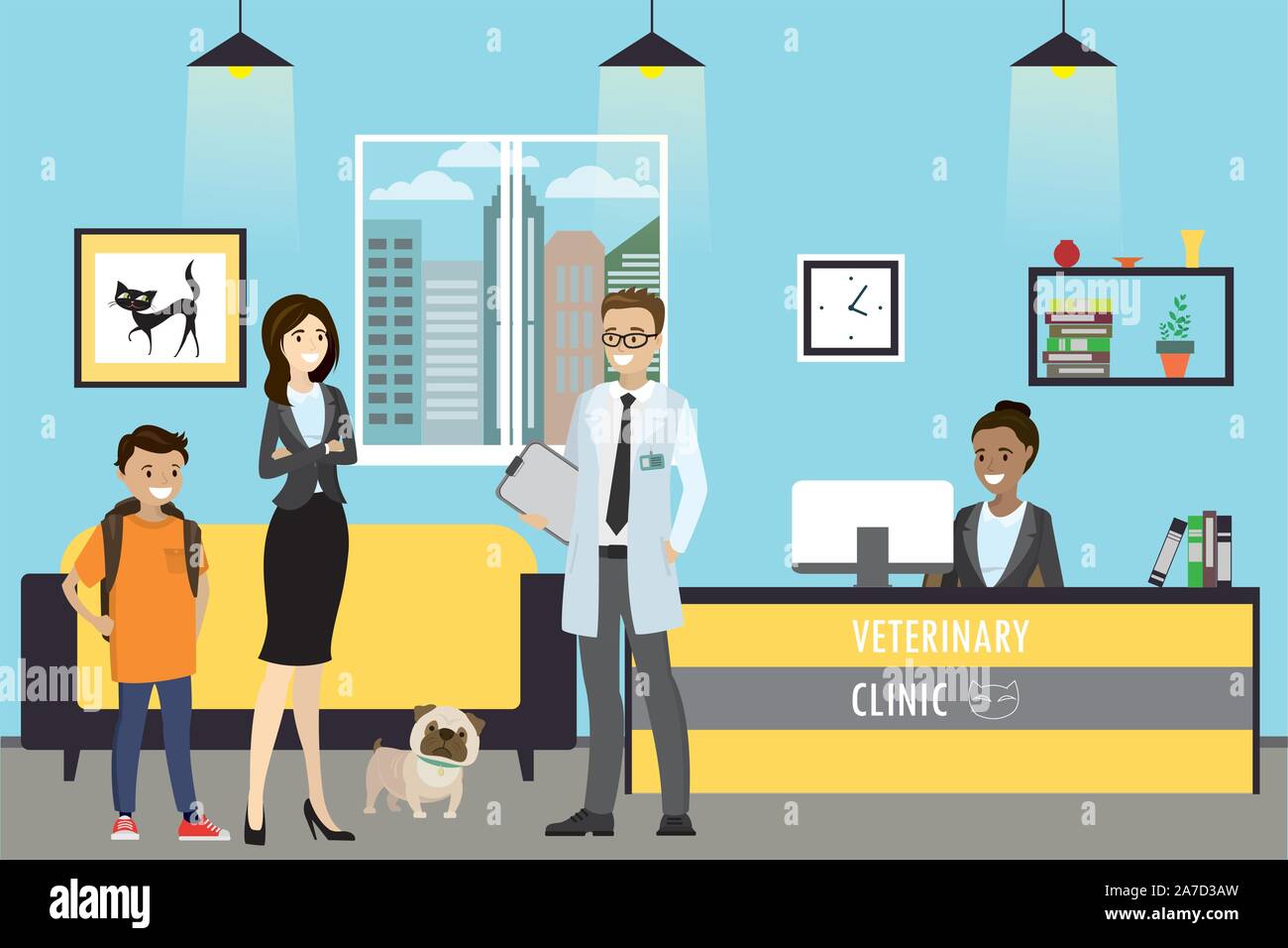 Veterinary Clinic reception, doctor and family with dog are standing ...