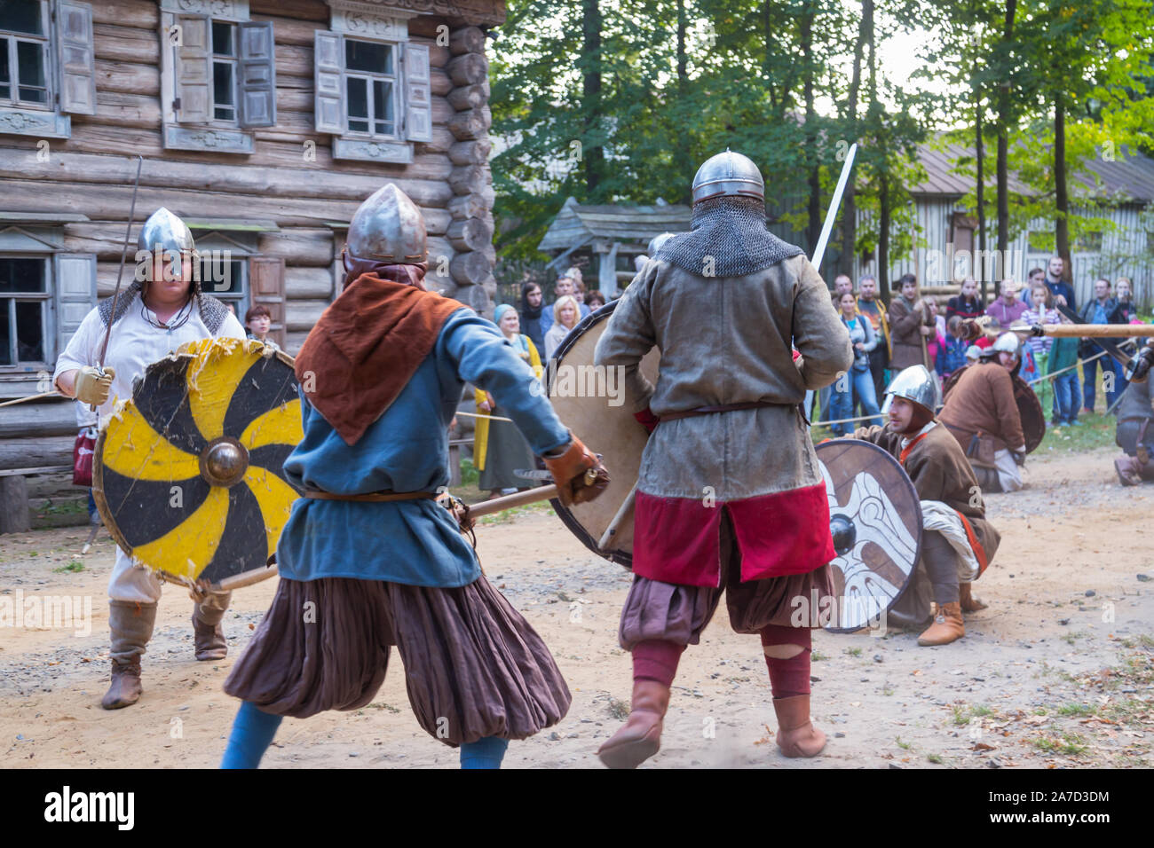Militant medieval warriors fighting at historical festival Stock Photo ...