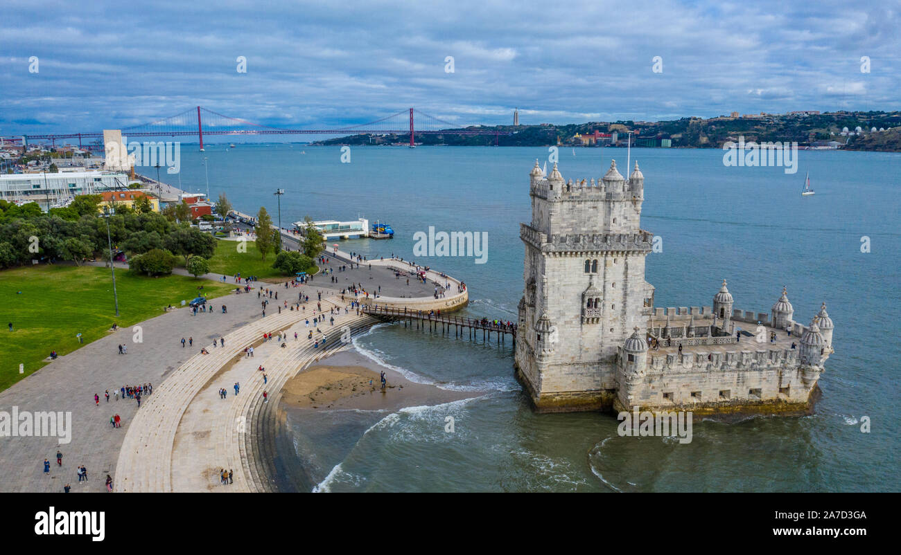Aerial drone view belem tower hi-res stock photography and images - Alamy