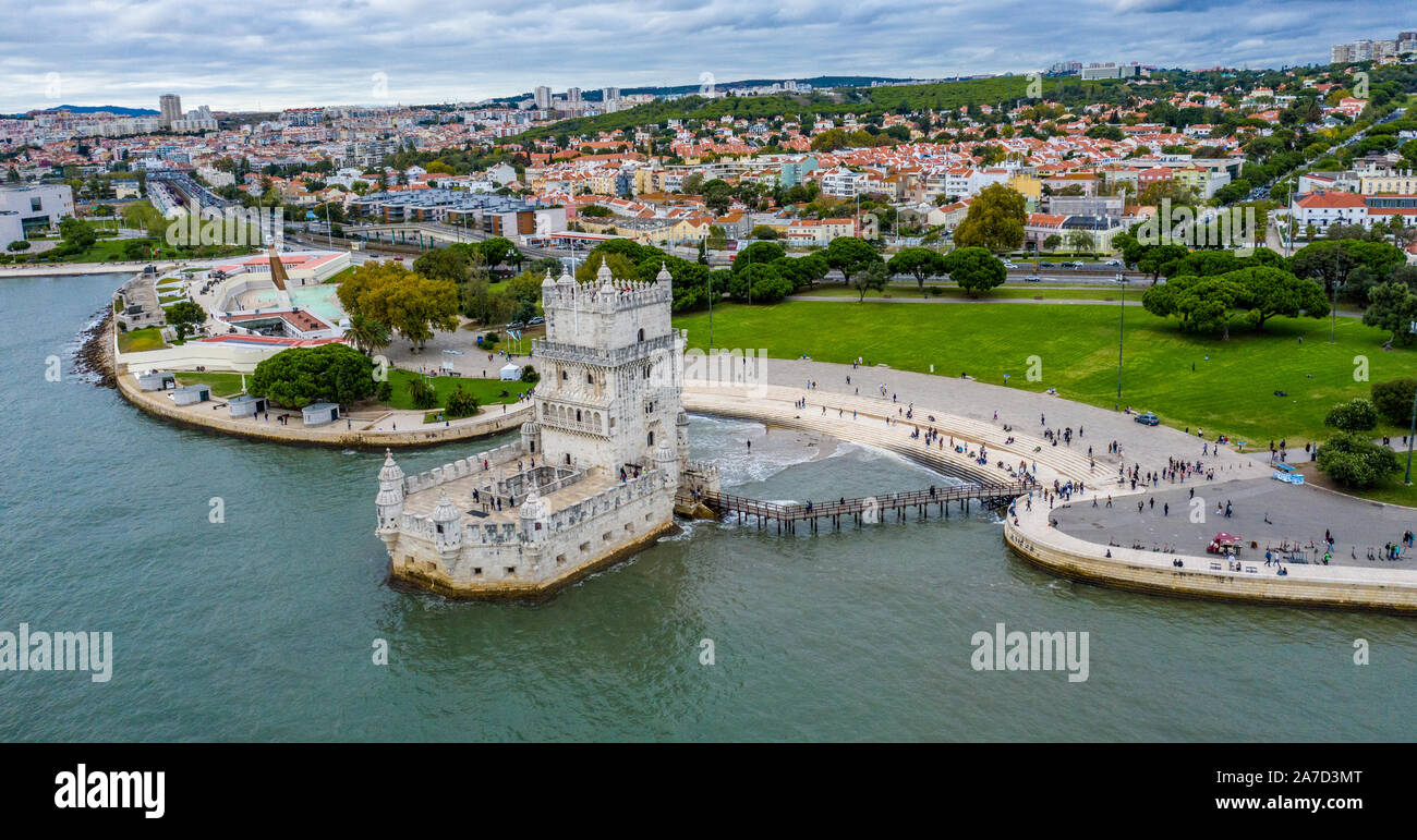 Belem Tower in Lisbon is a famous landmark in the city - aerial drone ...