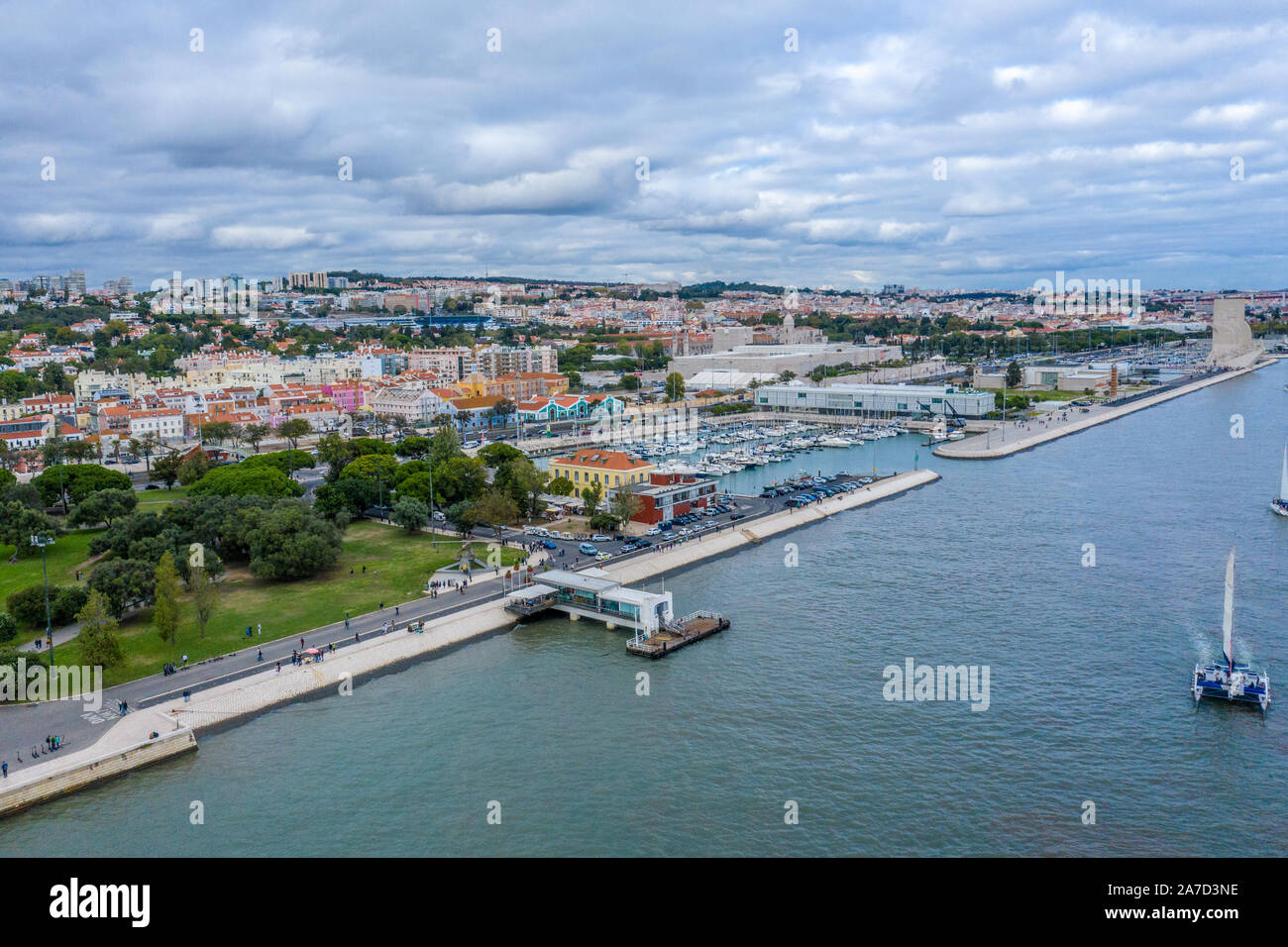 Aerial view over the Tejo riverfront and harbor - aerial drone footage ...