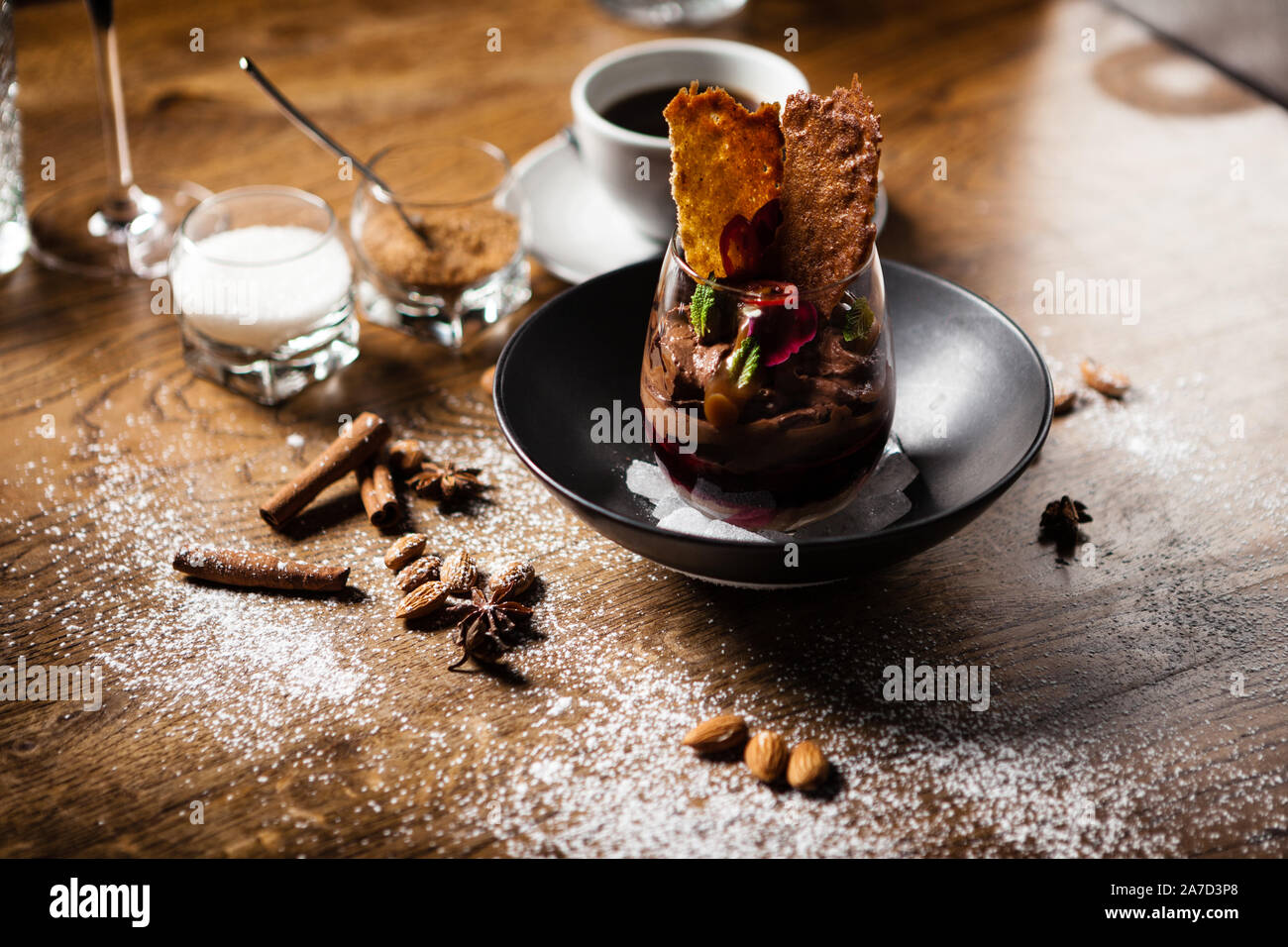 Chocolate mousse served with liquid ice smoke Stock Photo - Alamy