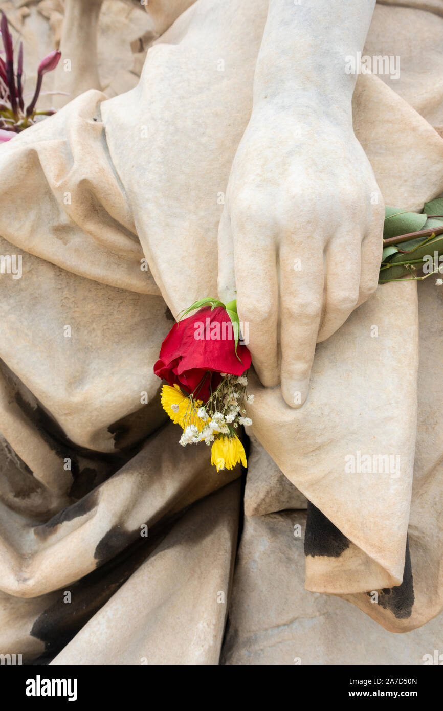 Red rose placed in hand on statue in cemetery Stock Photo - Alamy