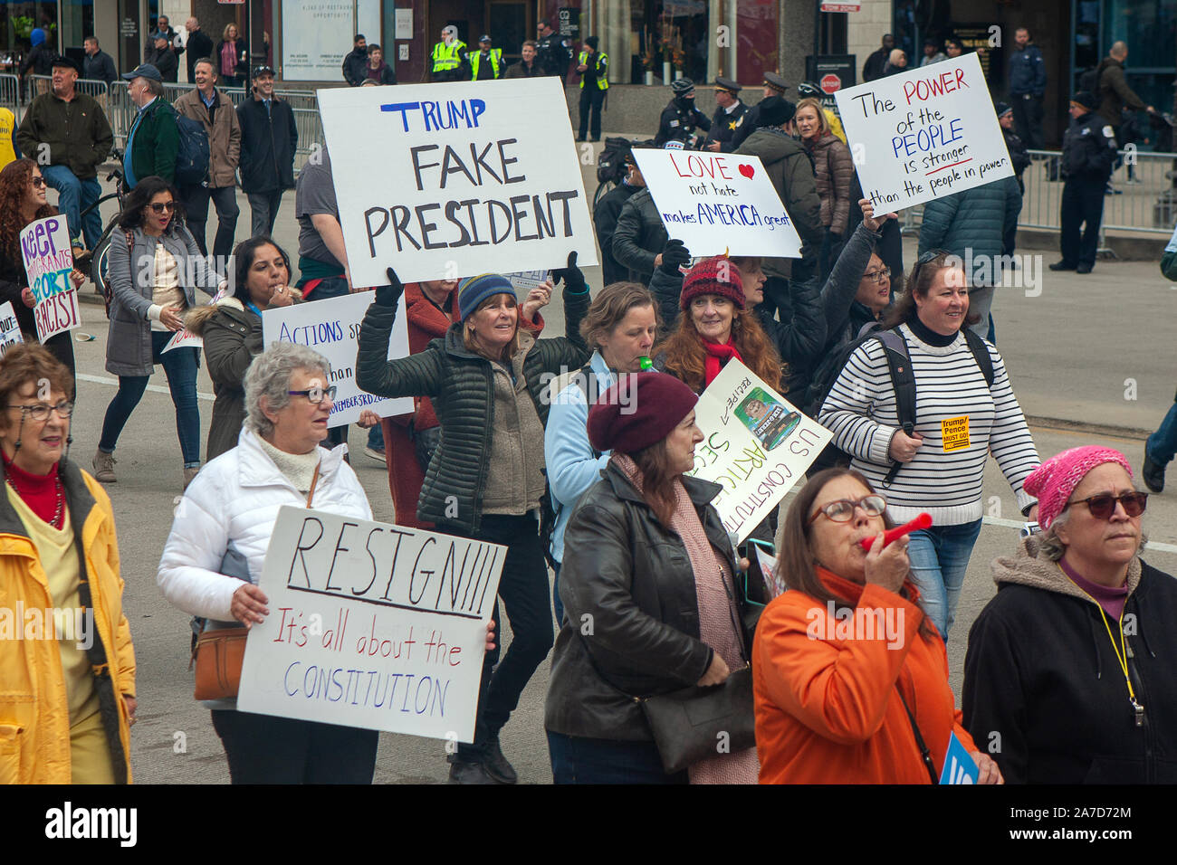 CHICAGO, ILLINOIS / USA - OCTOBER 28, 2019: Protesters march outside ...
