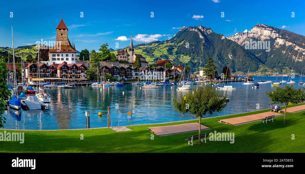 Spiez Church and Castle on the shore of Lake Thun in the Bernese ...