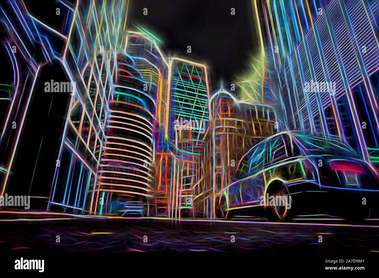Night city illustration with neon glow and vivid colors. Futuristic ...
