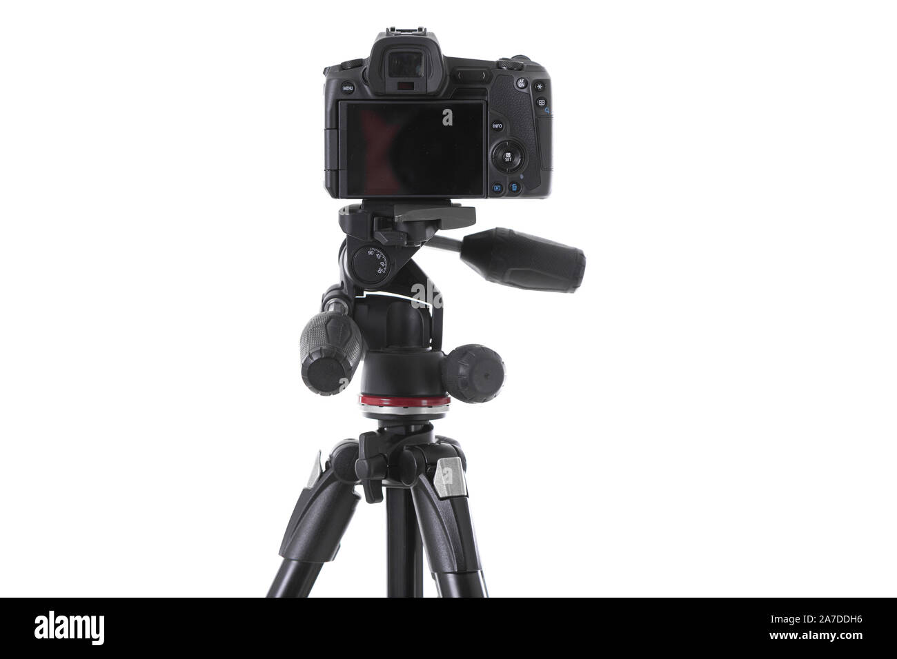 Backside view of modern multifunctional black camera on trepied ...