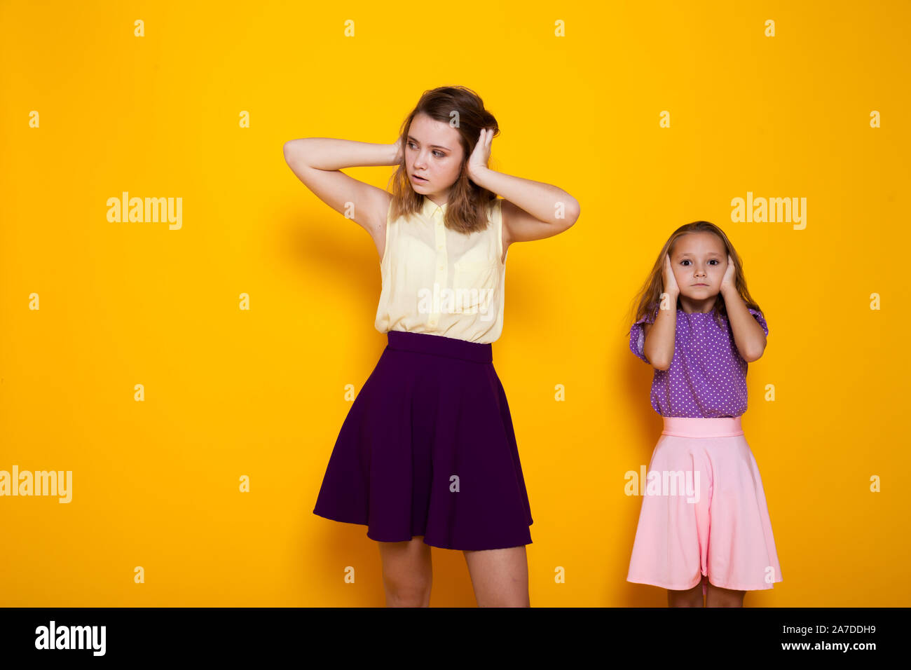 portrait of two beautiful fashionable sisters of different ages on a ...