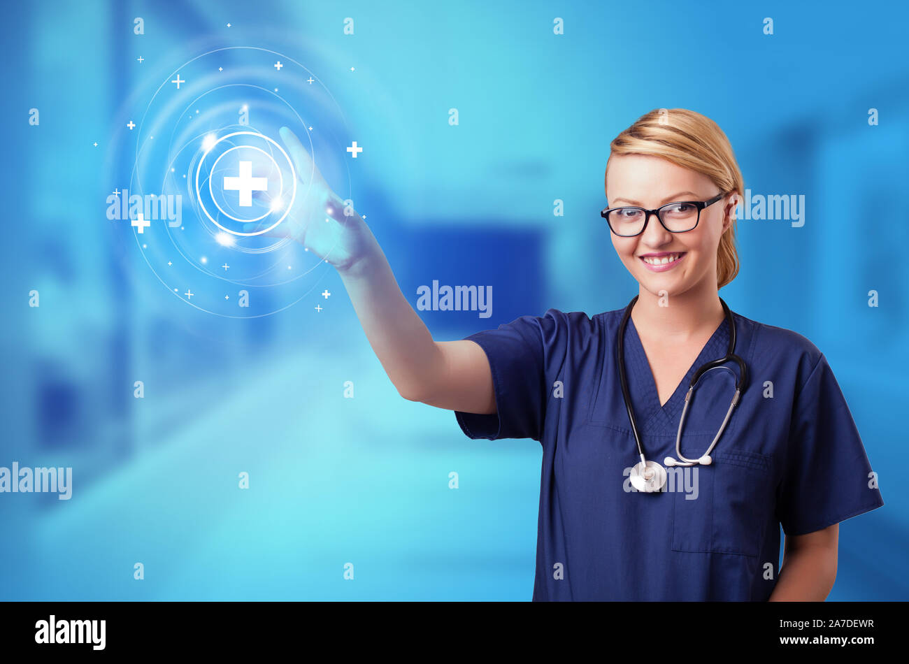 Doctor touching blue screen with call center concept Stock Photo - Alamy