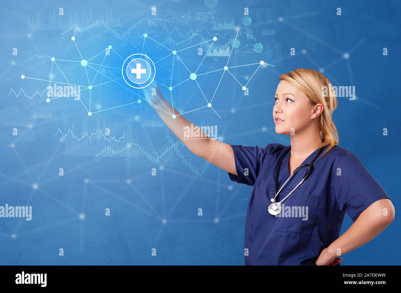 Doctor touching blue screen with virtual hospital concept Stock Photo ...