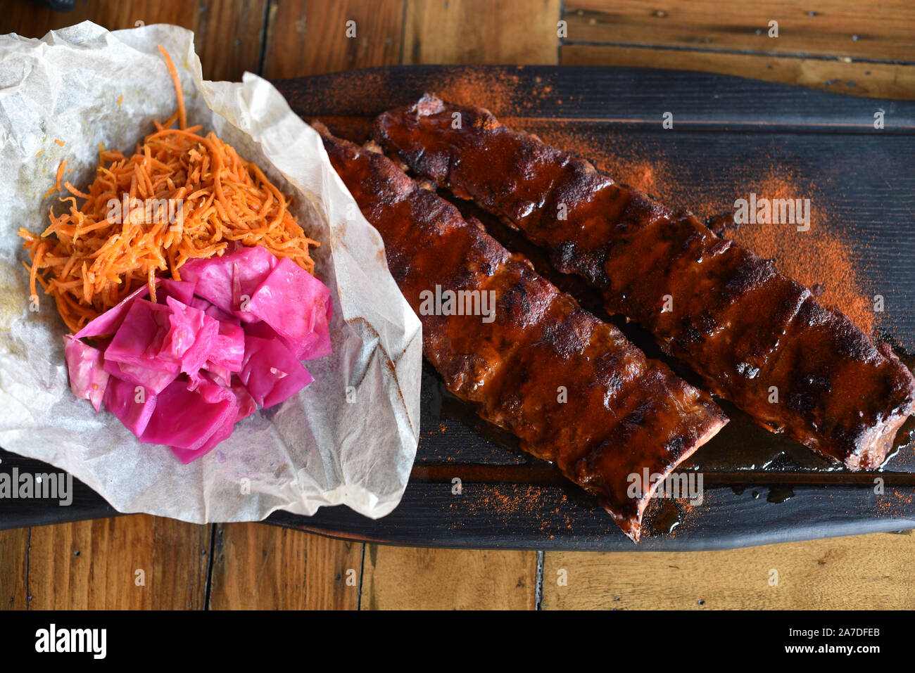 Delicious BBQ ribs, cole slaw and a tangy BBQ sauce. Salinity carrots ...