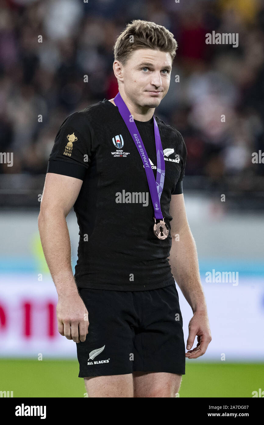 Tokyo, Japan. 1st Nov, 2019. New Zealand's Beauden Barrett receives a ...