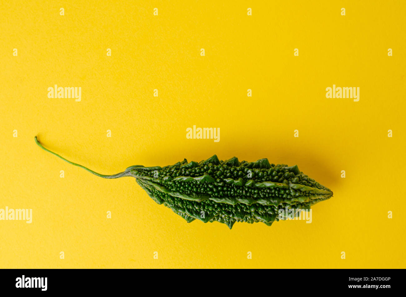 Ripe bitter gourd or momordica on yellow background with copy space ...