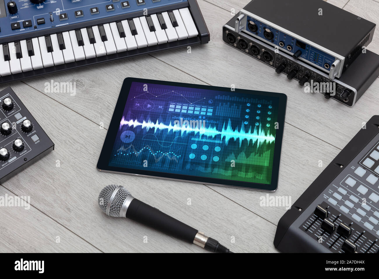 Music instruments and tablet with recording sound concept Stock Photo ...