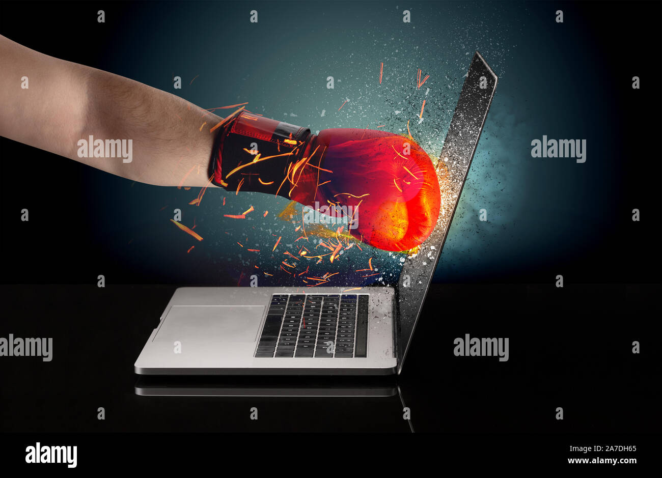 Arm hitting strongly laptop screen which breaks in little pieces Stock ...