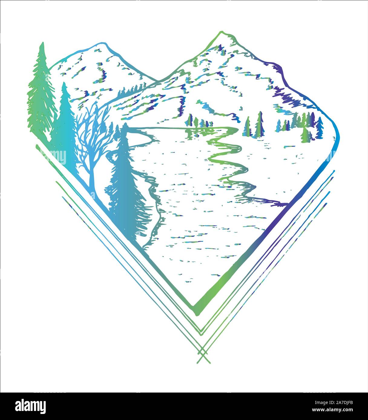 Neon picture of mountain landscape, trees, river going away to distance ...