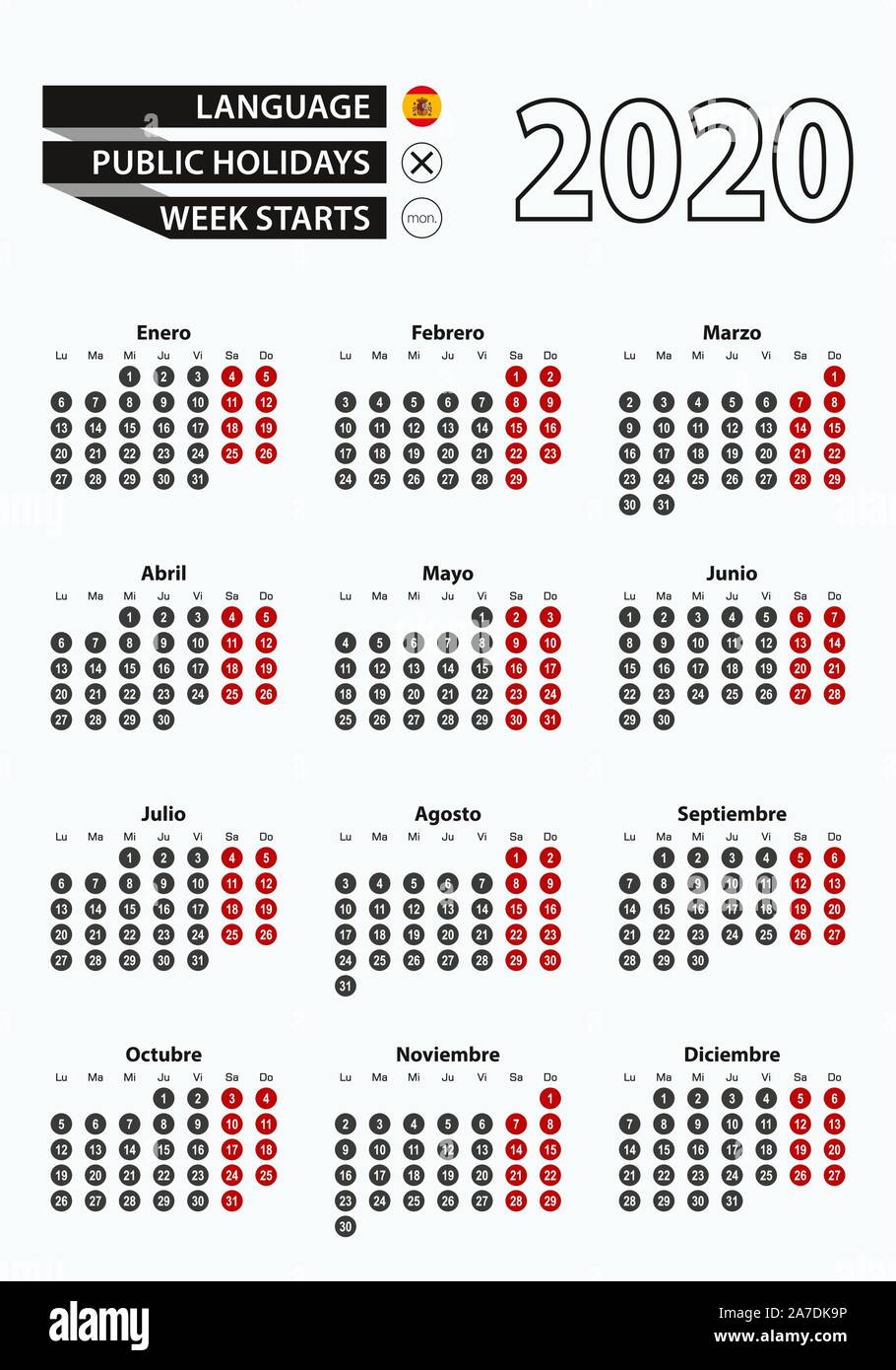 Vector template calendar 2020 with number in circles, simple Spanish ...