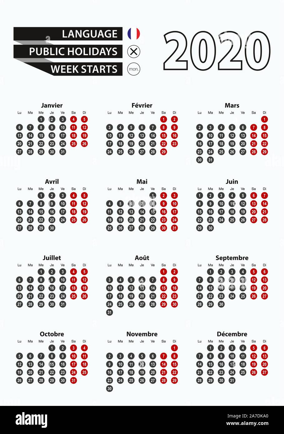 Vector template calendar 2020 with number in circles, simple French ...