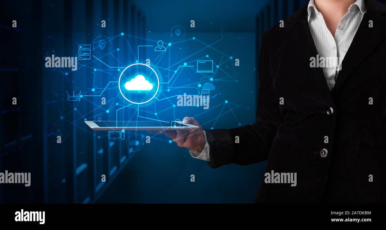 Formal hand in server room with virtual workspace concept Stock Photo ...