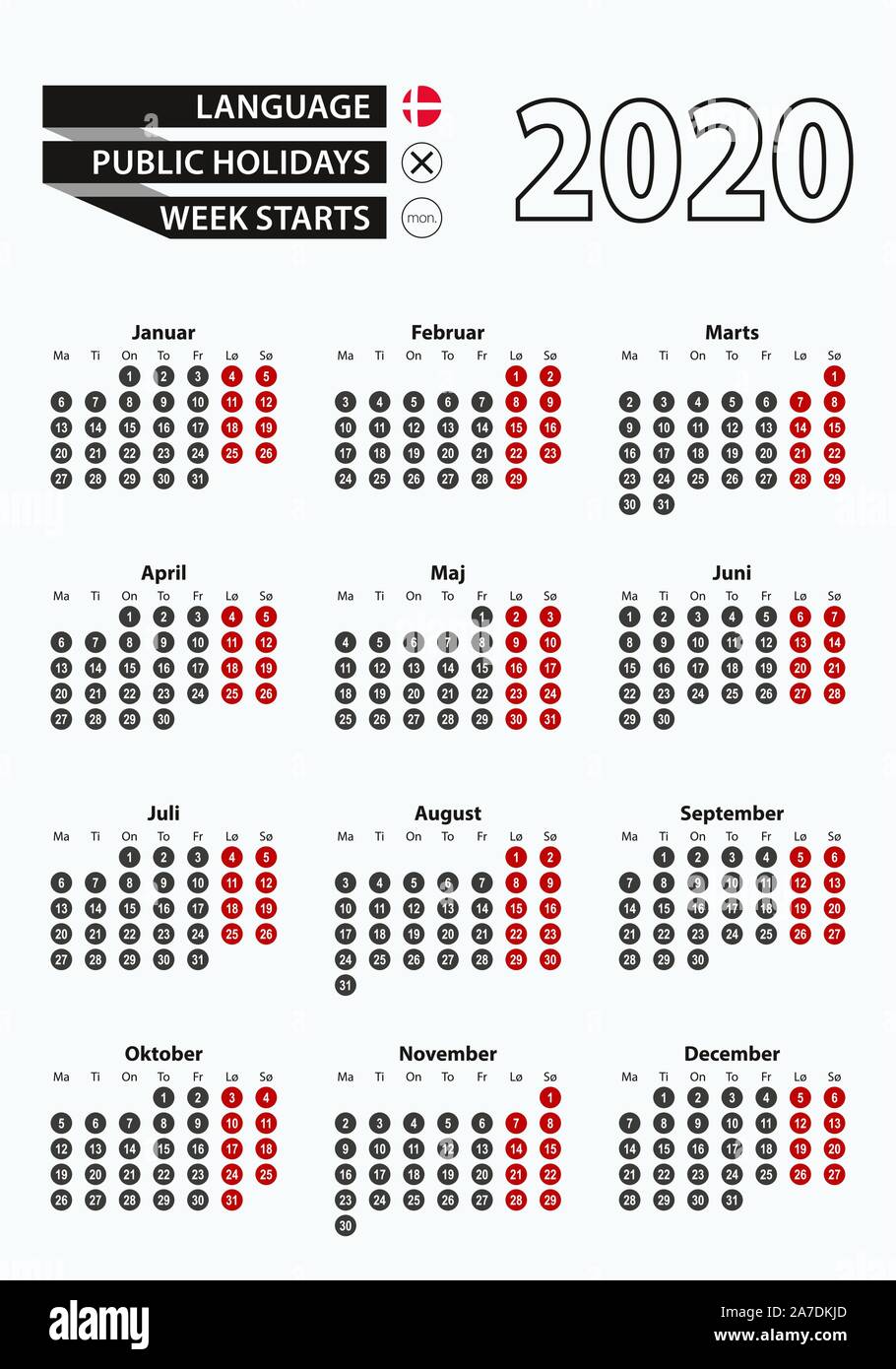 Vector template calendar 2020 with number in circles, simple Danish ...
