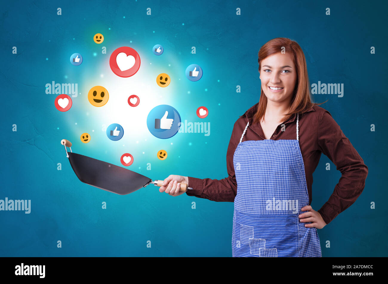 Young happy person cooking social media concept in wok Stock Photo - Alamy