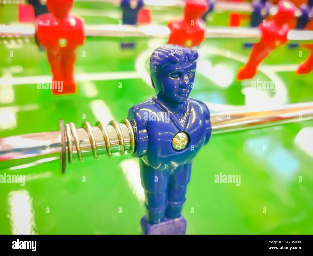 Foosball. Table with red and blue players detail perspective Stock ...
