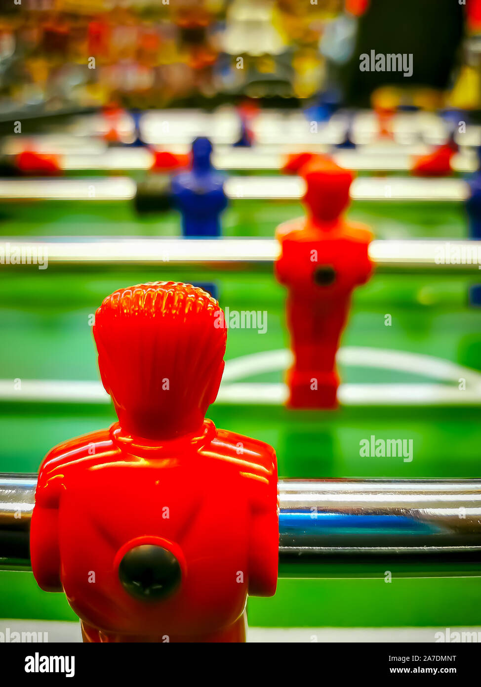 Foosball. Table with red and blue players detail perspective Stock ...