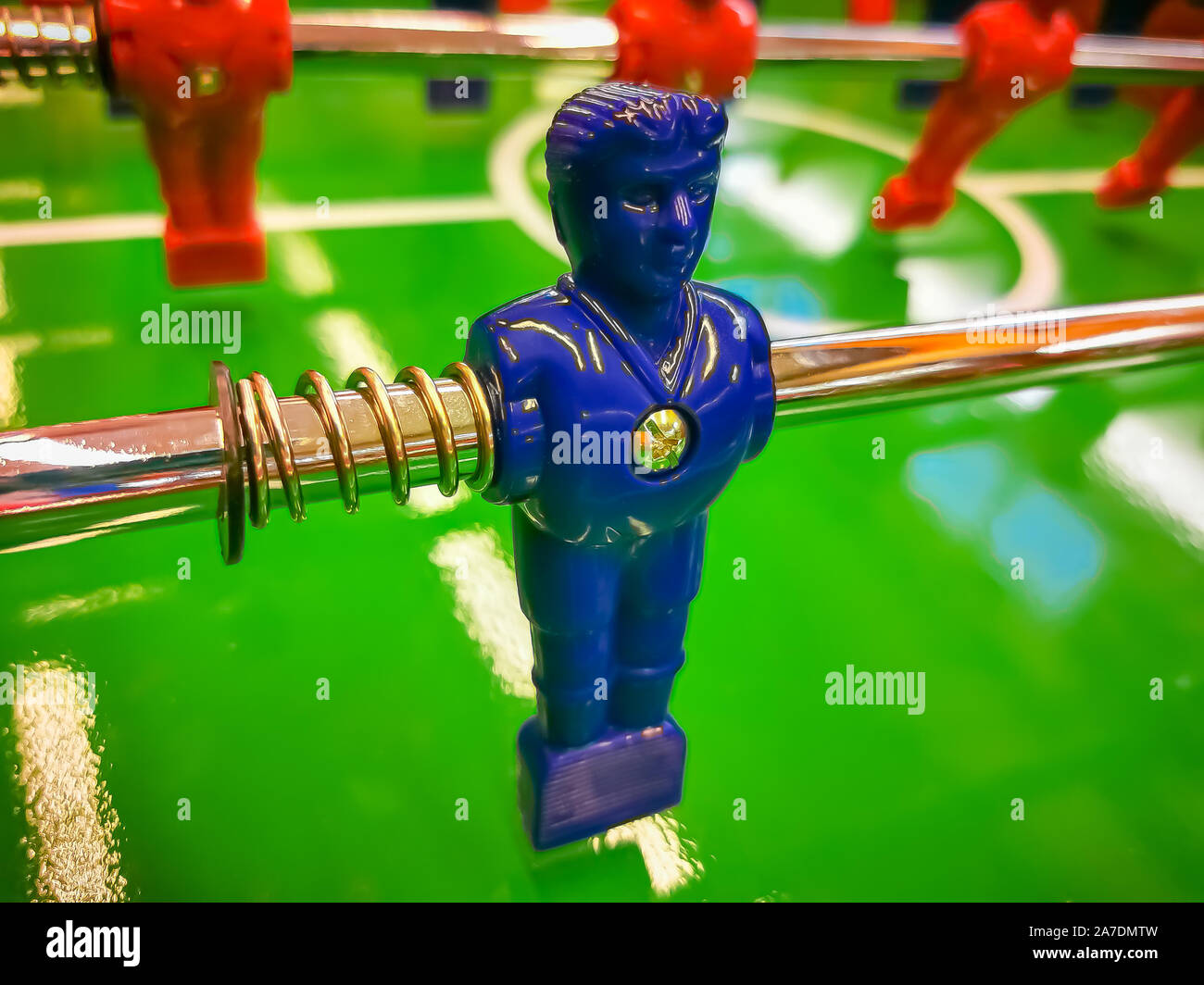 Foosball. Table with red and blue players detail perspective Stock ...