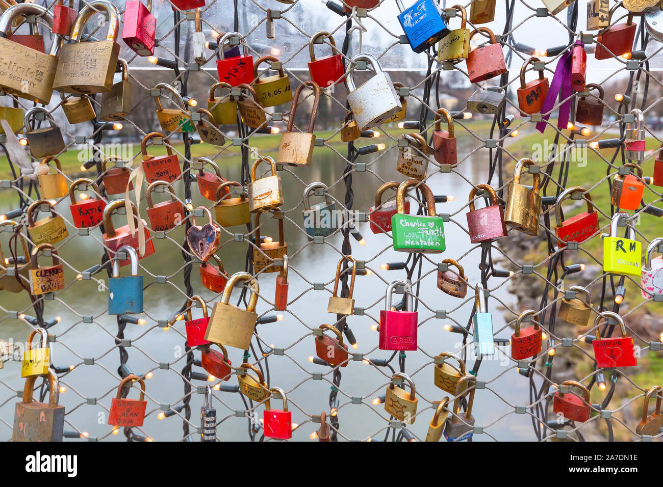 Salzburg, Austria - December 25, 2016: Bridge of locks with love ...
