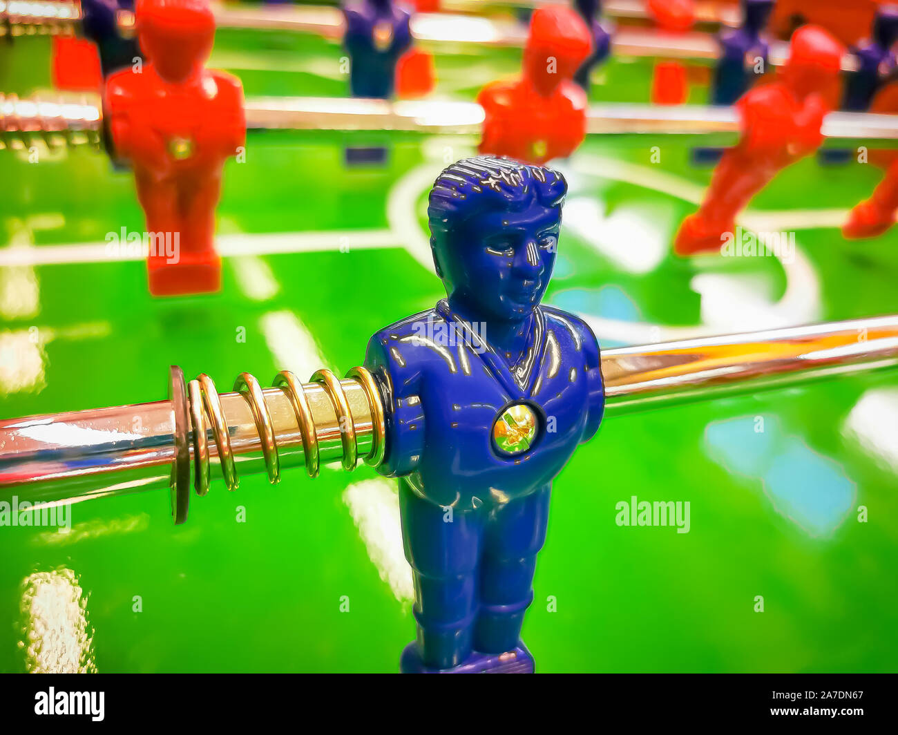 Foosball. Table with red and blue players detail perspective Stock ...