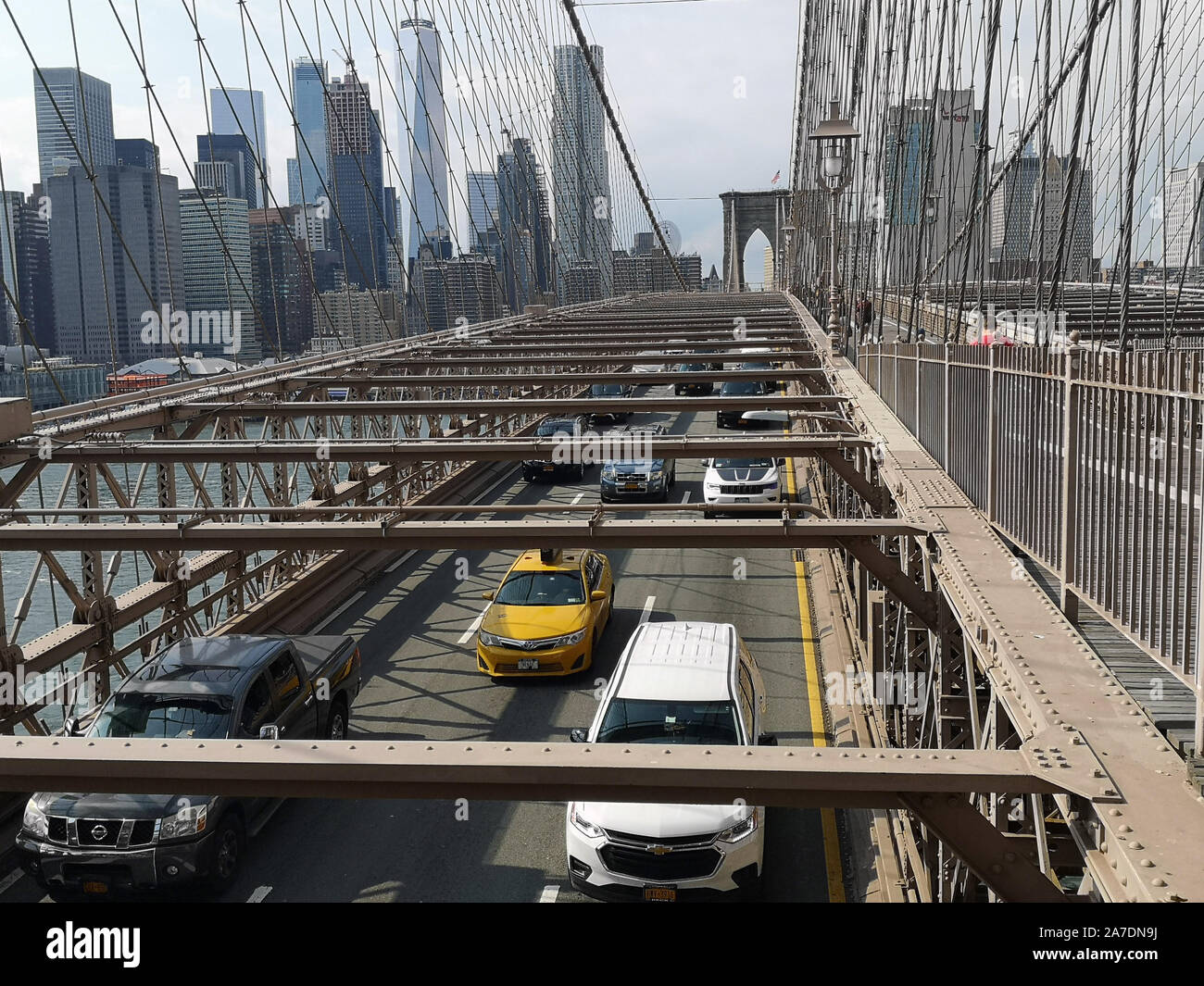 New York, USA. 10th Sep, 2019. Cars cross the Brooklyn Bridge in New ...