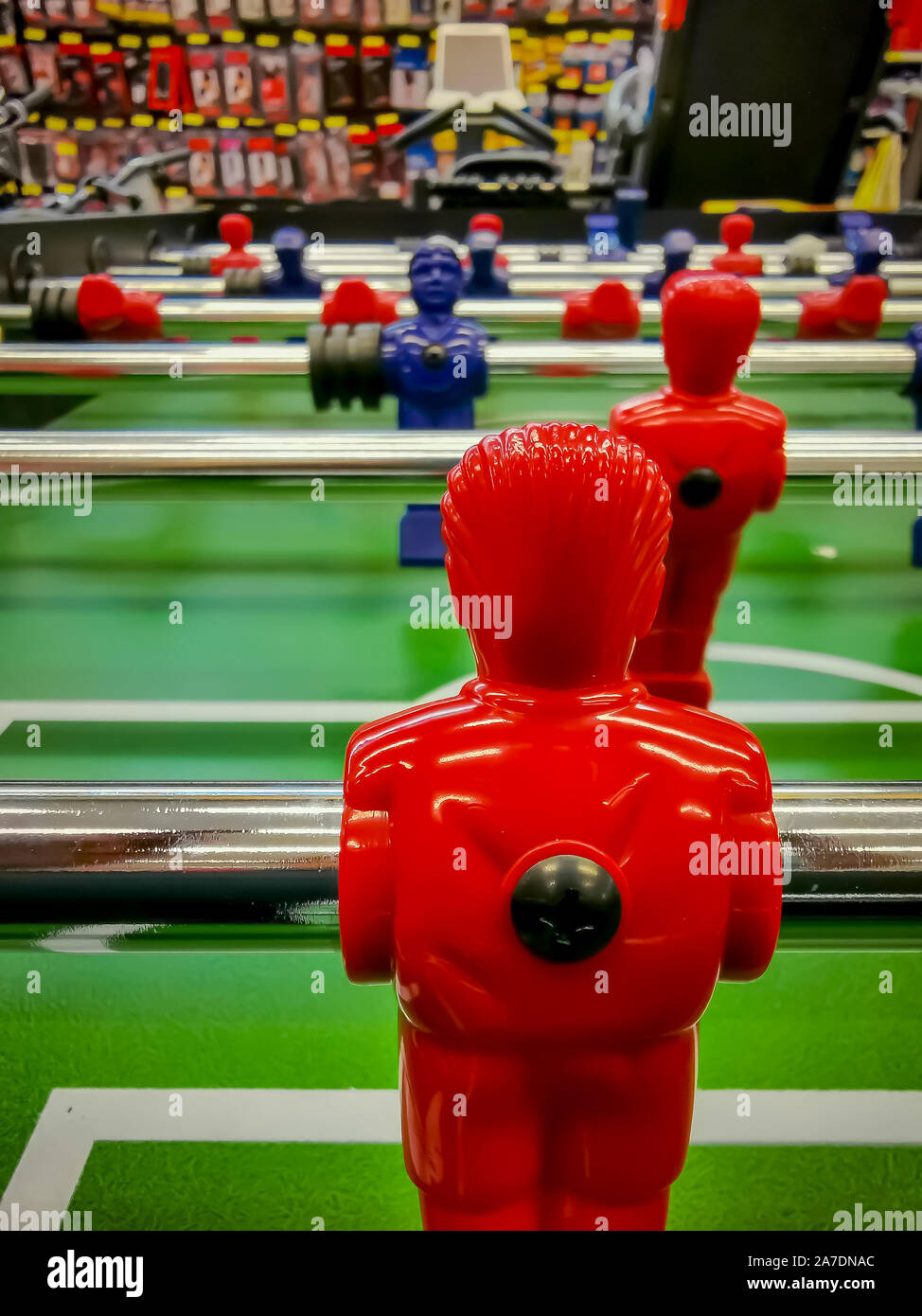 Foosball. Table with red and blue players detail perspective Stock ...