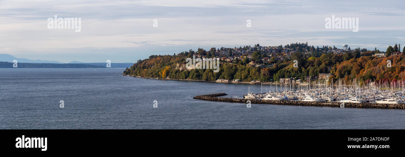 Beautiful Aerial Panoramic View of boats in a Marina on the Ocean Shore ...