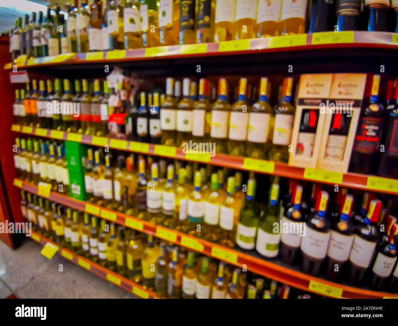 Convenience store shelves interior blur background , Blurred ...
